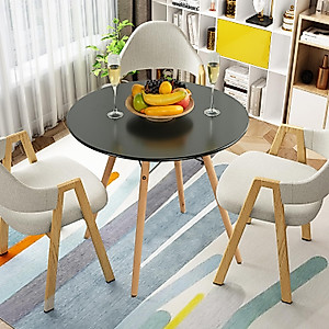 FurnitureR 31.5 Inch Modern Round Dining Table with Wooden Legs for Home Kitchen Living Room Corner Small Spaces Leisure, Black