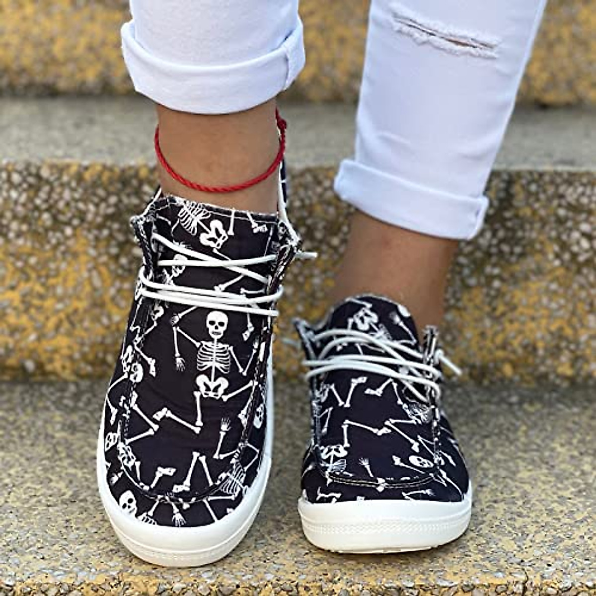 Women's Casual Loafers Halloween Themed Skeleton Pumpkin Printed Comfort Fashion Lace Up Sneakers Flat Walking Shoes B-Black