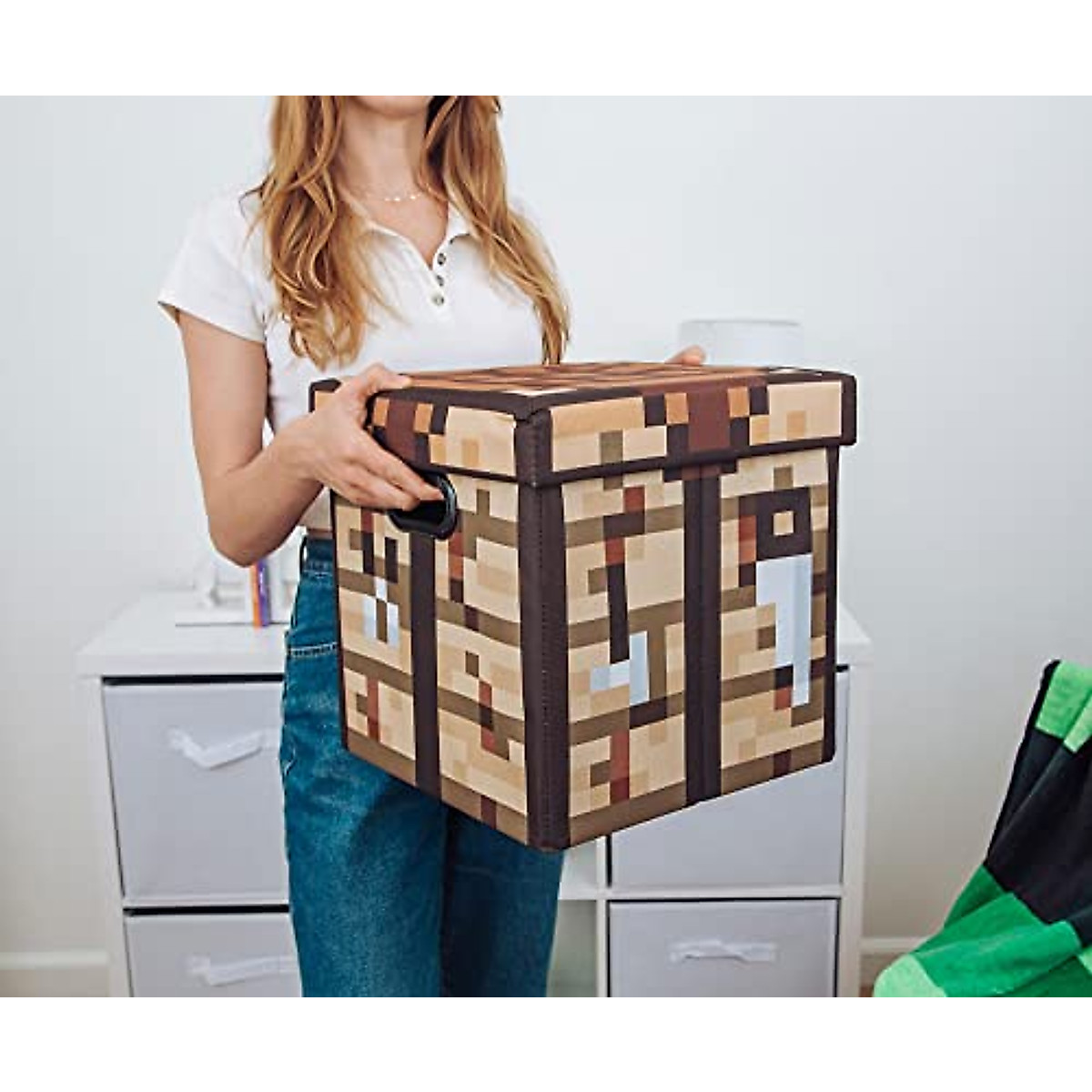 Minecraft Crafting Table 13-Inch Storage Bin Chest With Lid | Foldable Fabric Basket Container, Cube Organizer With Handles, Cubby For Shelves, Closet | Home Decor Essentials, Video Game Gifts