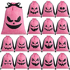 Paterr 48 Pcs 5 x 7 Inch Halloween Burlap Treat Bags Bulk Halloween Party Favors Pumpkin Goody Gift Bags with Drawstring Small Candy Pouches for Kids Halloween Trick or Treat Candy Bags(Pink)