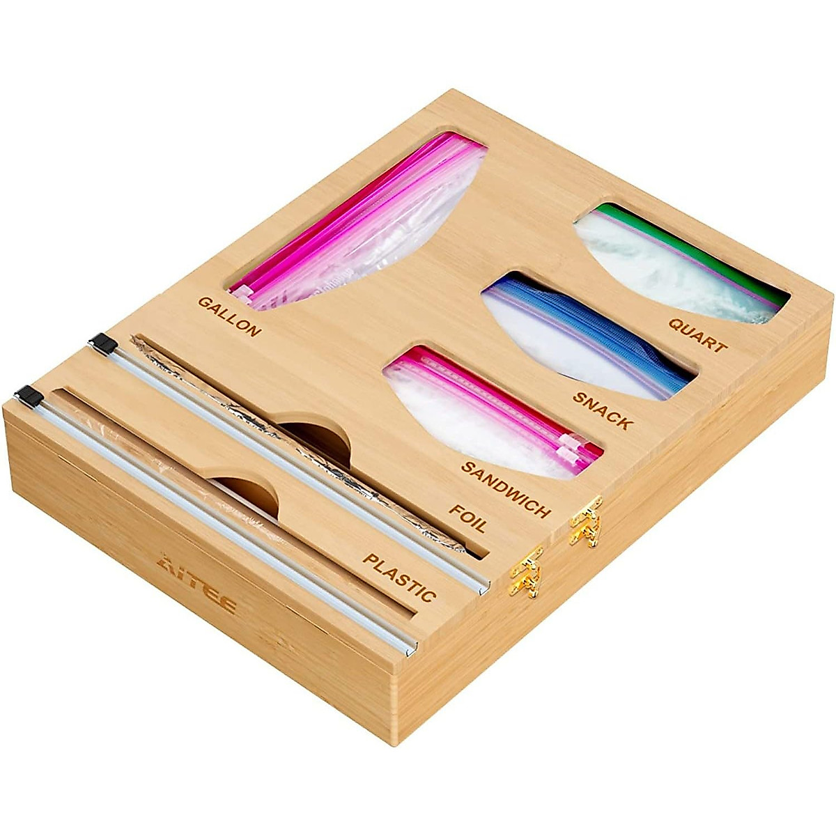 ZZ LIFE 6-in-1 Kitchen Drawer Organizer - Foil and Plastic Wrap Dispenser with Cutter, Ziplock Bag Storage for Gallon, Quart, Sandwich, and Snack Sizes - Organized Bamboo Storage For Home and Kitchen