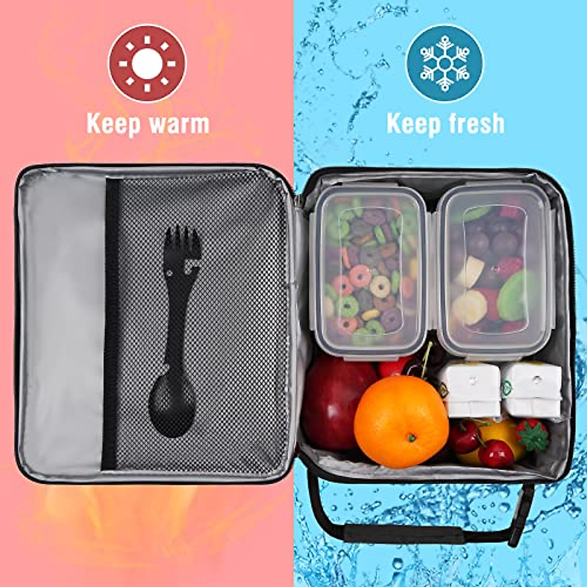 Insulated Lunch Box for Men Adults Portable Lunch Bag Women with Water Bottle Holder Reusable Lunch Tote Bag Soft Lunch Container Leak-proof Cooler Bag for Work Office Picnic, Black and White