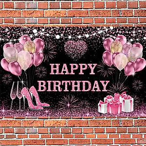 YinQin 180x120 cm Pink Gold Happy Birthday Backdrops Cloth 71x47 in. Birthday Photography Backgrounds Glitter Black Rose Gold Birthday Banners Rose Gold Happy Birthday Sign Decoration for Women Girl