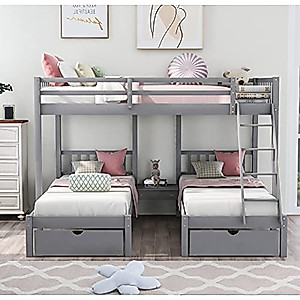 MOOLO 3-1 Full Over Twin, Twin Bunk Bed, Wood Triple Bunk Bed with Drawers and Guardrails for Kids Teens Adults(Color:Gray)