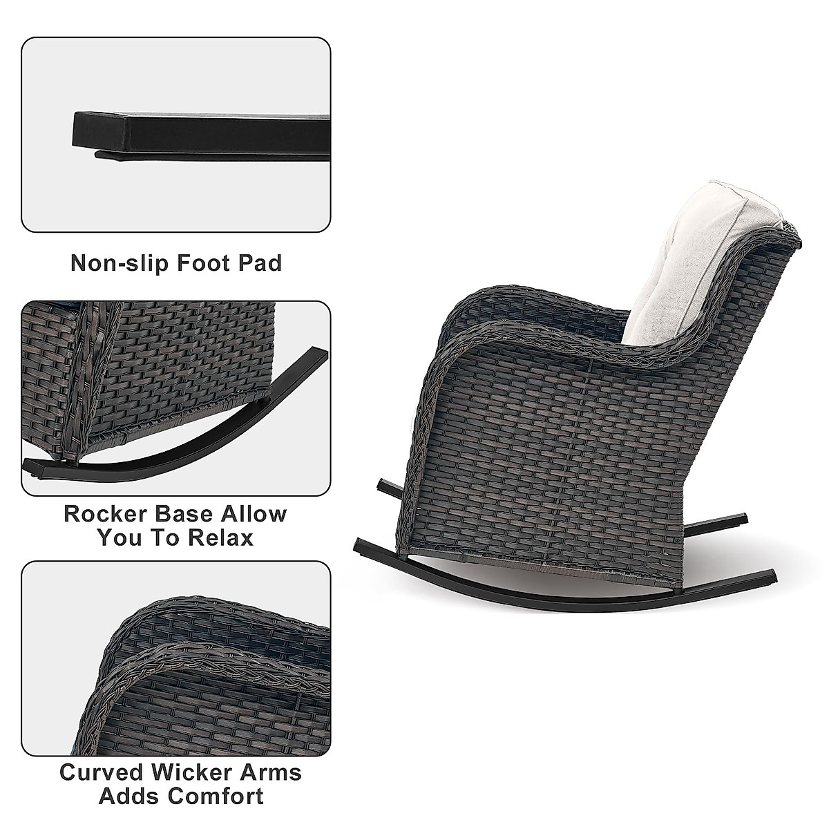 Rilyson Patio Chairs Outdoor Rocking Chair - 3 Piece Wicker Patio Bistro Set Rattan Patio Furniture Rocker Chairs and Side Table for Porch Deck Backyard Garden(Brown/Beige)