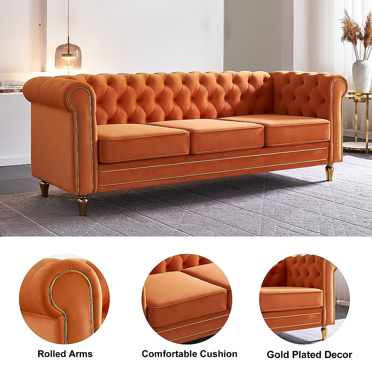 Homtique 84" Modern Sofa Couch for Living Room, 3 Seater Couch Comfy Velvet Sofa Button Tufted Rolled Arms and Gold Legs, Chesterfield Sofa for Home Studio/Office, Bedroom, Orange