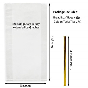 Lesibag 100 Pcs Bread Bags with Ties - 8" x 18" Clear Gusseted Bread Bags for Homemade Bread and Bakery Loaf