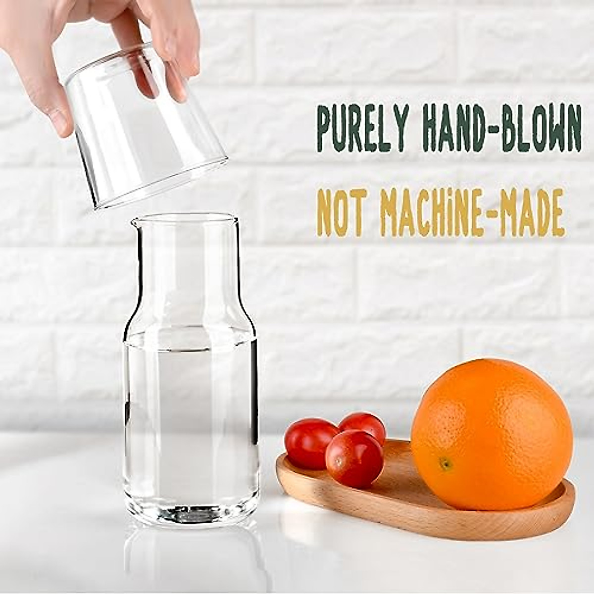 Bedside Water Carafe and Glass Set, 550ml Clear Glass Juice Water Pitcher, Night Water Carafe with Cup Set for Bedroom Nightstand, Wooden Pallet Included