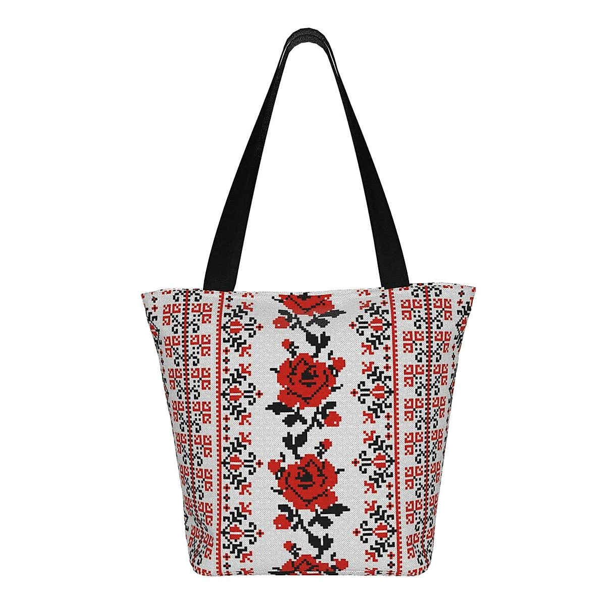 antkondnm Ukrainian Style Rose Tote Bags Shoulder Bag with Zipper for Women,Reusable Gym Picnic Travel Beach Shopping Work Daily Use Shoppers Tote