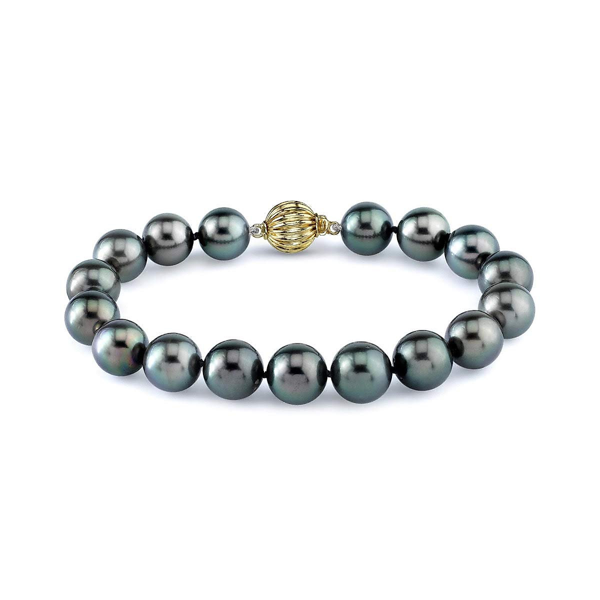 The Pearl Source 14K Gold 8-9mm AAAA Quality Round Black Tahitian South Sea Cultured Pearl Bracelet for Women