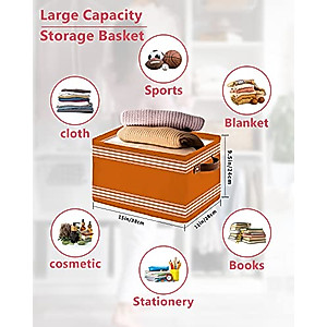 Storage Cubes Organizer with Handles, Thanksgiving Farmhouse Storage Bins Fabric Collapsible Storage Baskets for Shelf Closet Nursery Cloth Organizers Box Orange Fall Stripes 2pcs-15x11x9.5in