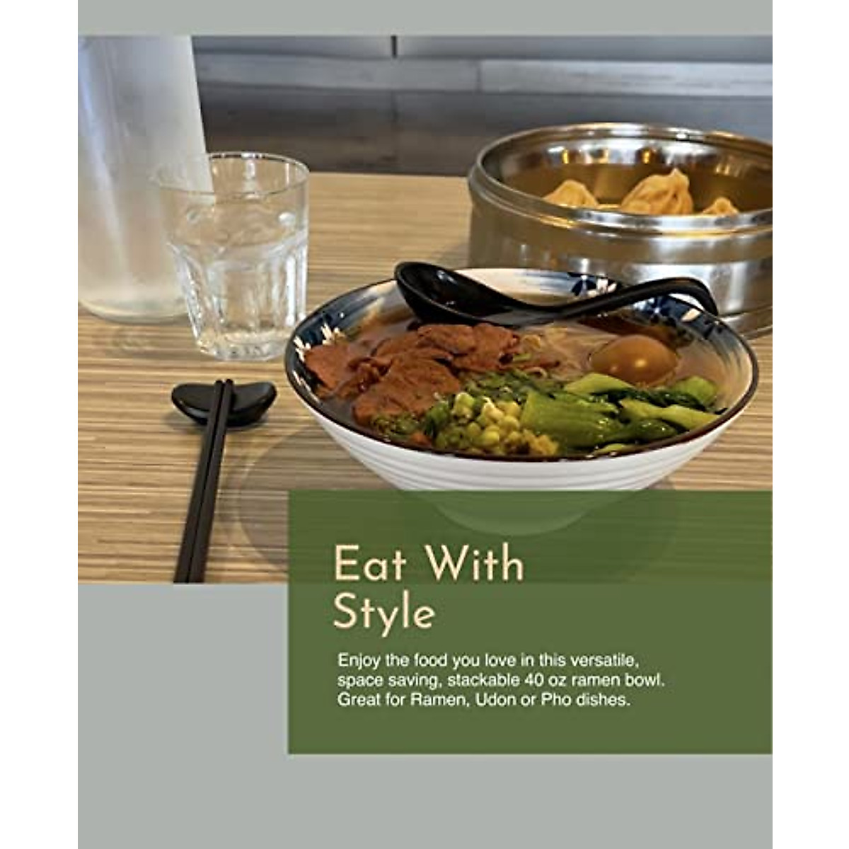 Ceramic Ramen Bowl Set - 8 Piece- Large White 40 oz Japanese Ramen Bowls, Spoons, Chopsticks and Chopstick Stands For Udon Noodles, Miso Soup, Cereal, Pasta, Pho and Salad Serving Set of 2 Blue