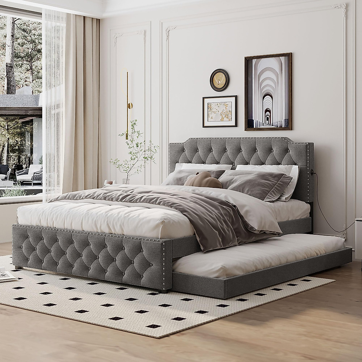 JIVOIT Queen Size Upholstered Platform Bed with Twin Trundle and 2 Sets of USB Ports on Each Side, Linen Fabric Upholstered Bed with Button-Tufted Headboard and Footboard (Gray,Trundle,USB Ports)