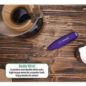 Elementi Milk Frother Wand with Double Whisk - Coffee Frother Electric Stirrer - Matcha Whisk & Drink Mixer Handheld - Hand Held Milk Frother & Electric Whisk for Coffee (Purple)