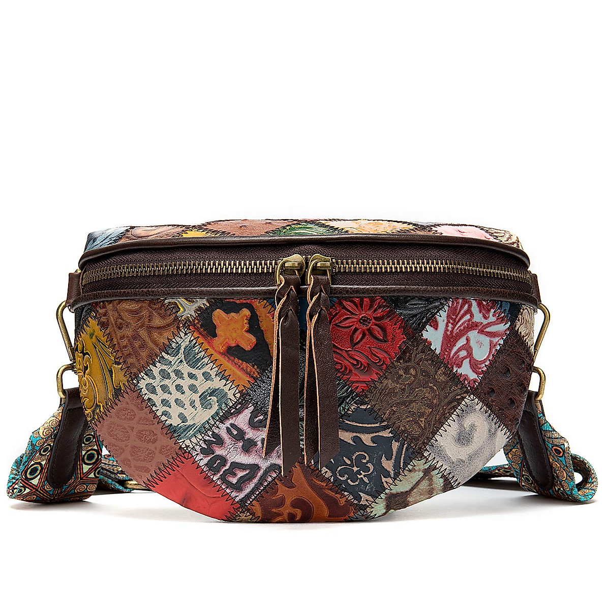 Womens Multicolor Small Crossbody Purse Genuine Leather Block Patchwork Shoulder Bag Boho