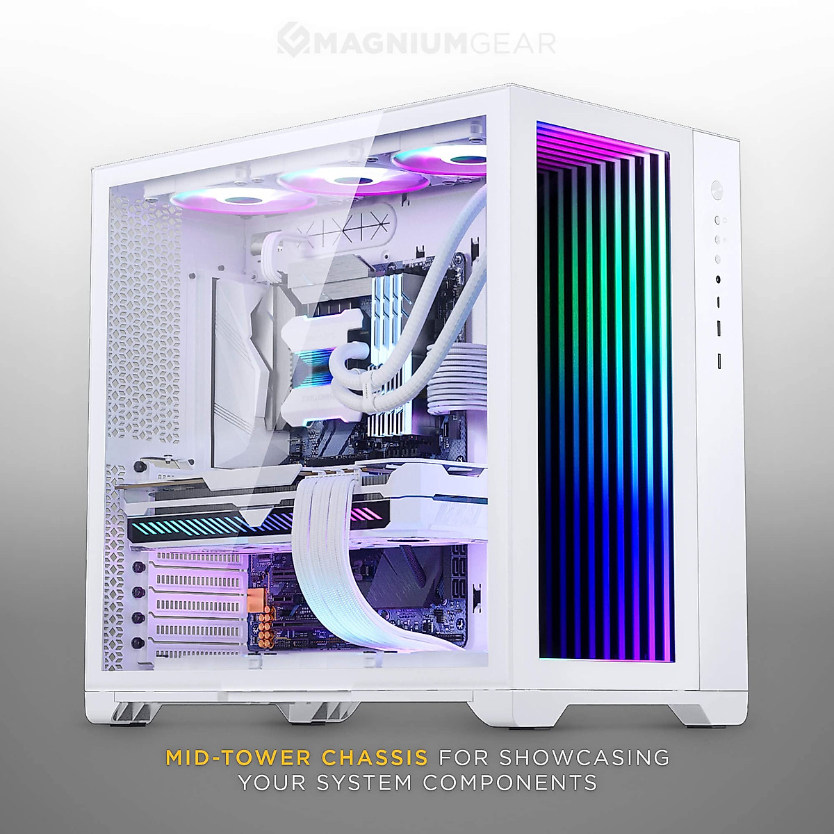 MagniumGear (MG-NE620QI_DWT02) NEO Qube 2 IM, Dual Chamber ATX Mid-Tower, Digital-RGB Infinity Mirror Front Panel, Front I/O USB Type C, Tempered Glass Panels, White