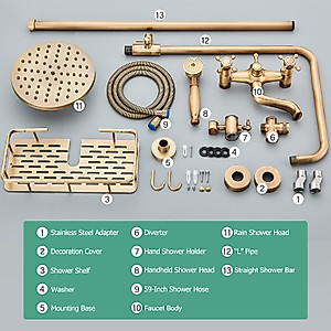 Gmusre Antique Brass Shower Fixture Bathroom Shower Faucet Set 8 Inch Rainfall Shower Head Handled Shower Waterfall Tub Spout Wall Mounted Outdoor Shower System with Shower Shelf