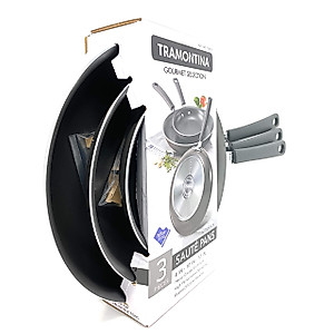 Tramontina Gourmet Selection 3 Piece Set Nonstick Saute Pans (8", 10" & 12") Heavy-Gauge Aluminium High Performance Nonstick Riveted Silicone Handles (Metallic Black)