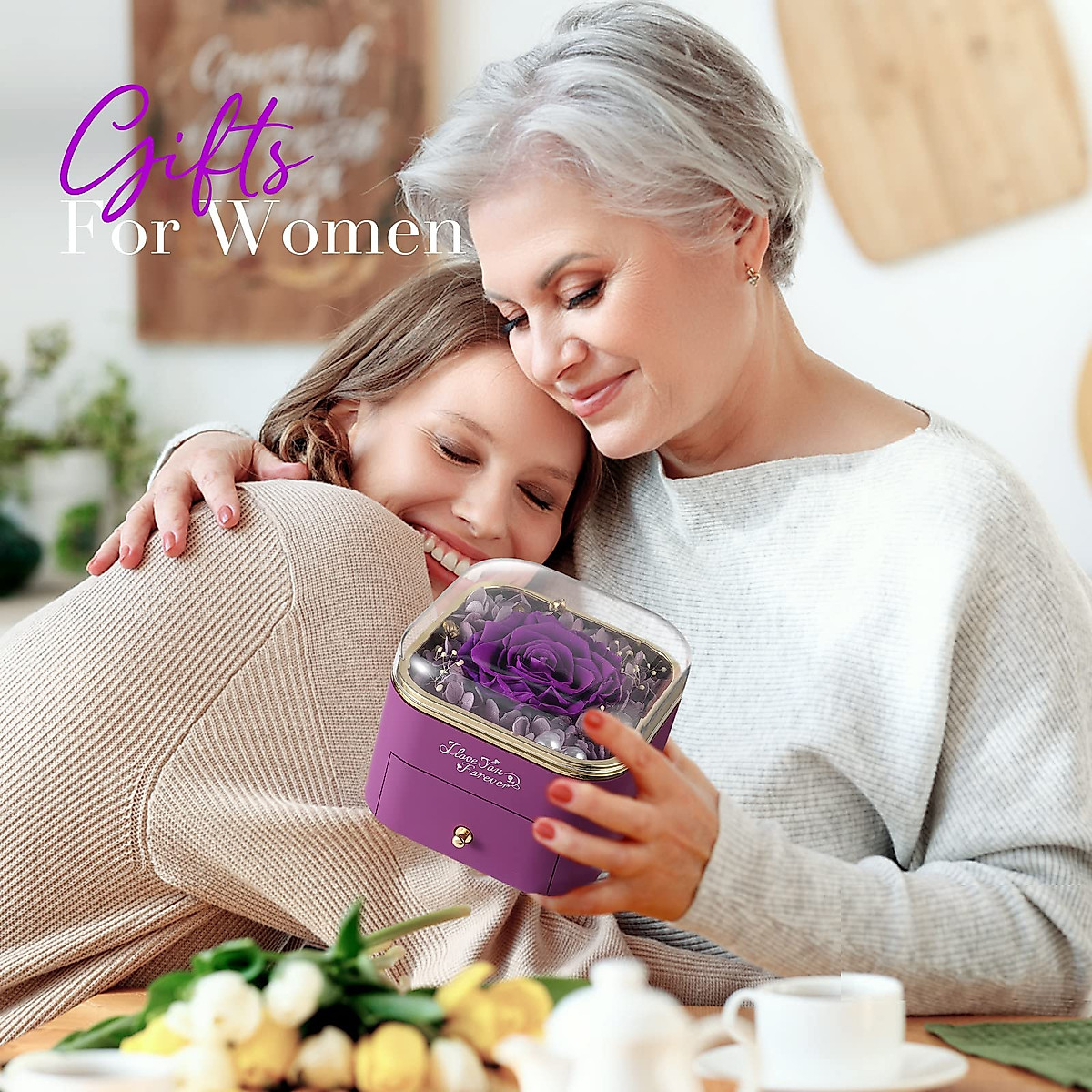 NEWNOVE Preserved Real Purple Rose with Purple Necklace -Forever Flowers Gifts for Mom Grandma Wife Girlfriend, Anniversary Birthday Gifts for Women I Love You Gifts for Her