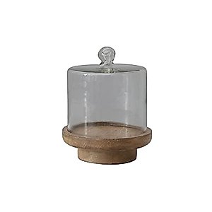 Creative Co-Op Glass Cloche with Footed Mango Wood Base, Set of 2 Pieces, 7''L x 7''W x 8''H