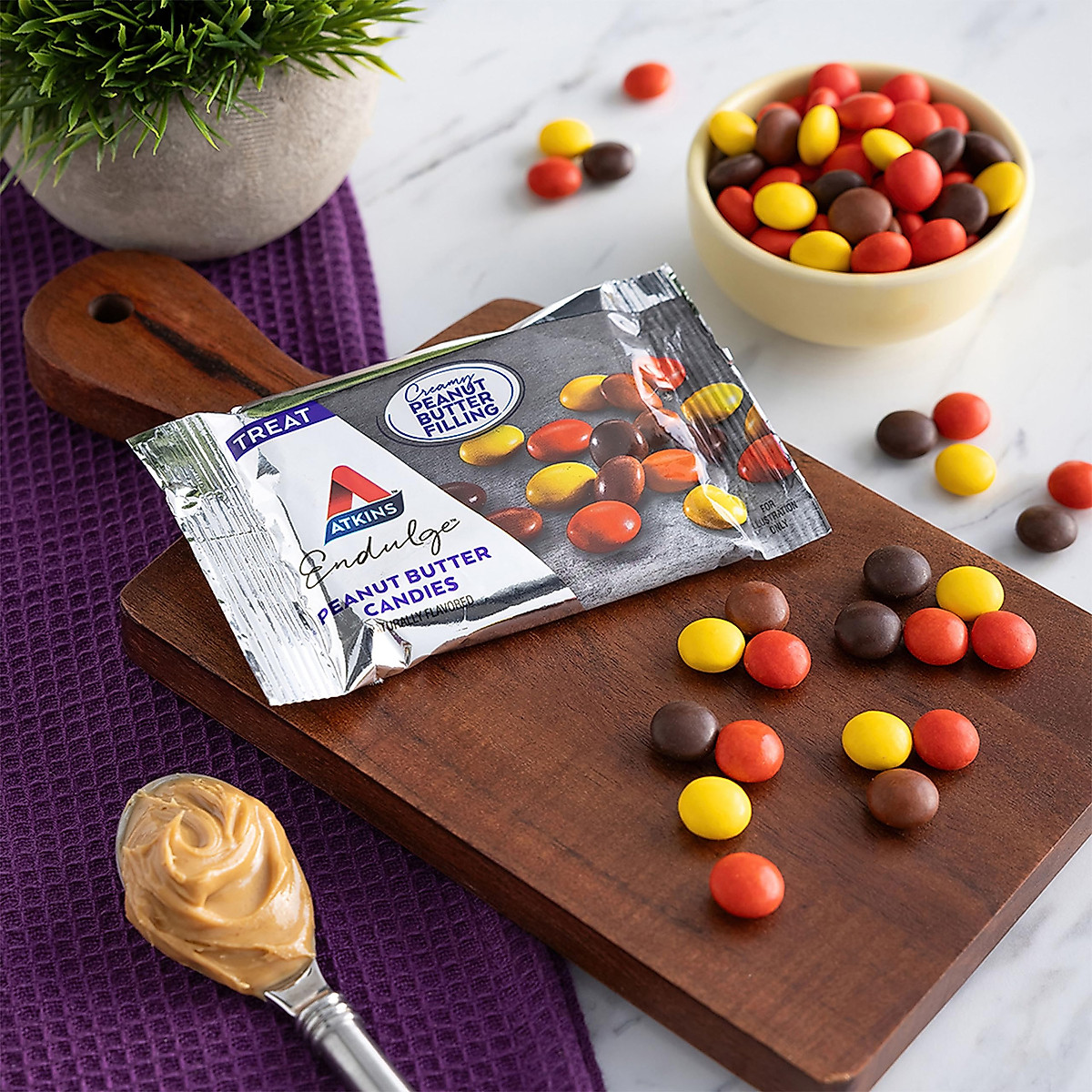 Atkins Endulge Treat, Peanut Butter Candies, 2g Net Carbs, 2g Sugar, Creamy Peanut Butter Filling, Low Carb, Low Sugar, 4 Packs (5 Count Each)