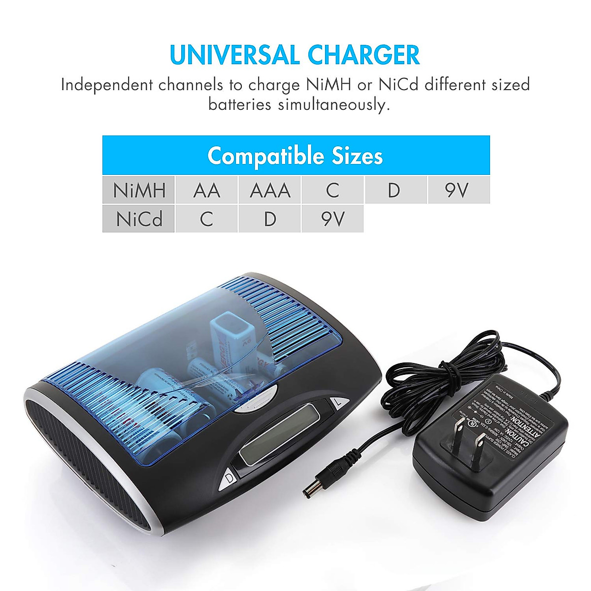 Tenergy Smart Battery Charger for NIMH/NICD AA/AAA/C/D/9V Batteries, LCD Universal Rechargeable Battery Charger with Automatic Charge/Discharge Function & 5V USB Port for Digital Devices