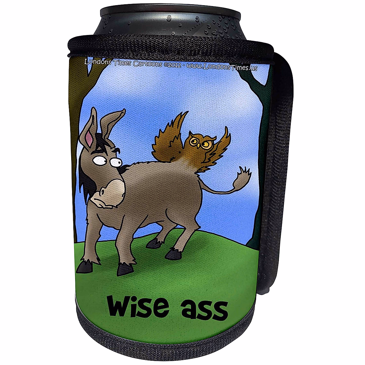 3dRose Londons Times Offbeat Gen. 2 Offbeat Cartoons - Owls and Donkeys - Wise Ass Funny Gifts - Can Cooler Bottle Wrap (cc_42870_1)