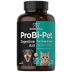 Horbäach Probiotics for Dogs & Cats | 120 Chewable Tablets | Digestive Aid | with 14 Probiotic Strains | Savory Beef Flavored Pet Supplement | by River & RULA