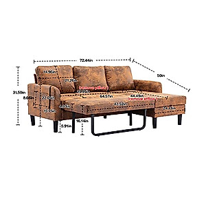 YUNLife&Home Sectional L-Shaped Sofa with Chaise,Reversible Couch Sleeper w/Pull Out Bed,Storage Space&Side Pockets,3-Seat Convertible Corner Sofá for Living Room/Apartment/Office