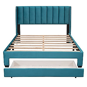 Prohon Queen Bed Frame with Wingback Headboard and A Big Storage Drawers on Endbed, Velvet Upholstered Platform Bed w/Wood Slats Support Mattress Foundation,No Box Spring Needed,Easy to Install,Blue