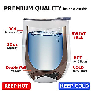 2 Pack 12oz Insulated Wine Tumbler with Lid Straw, Stemless Wine Glasses, Unbreakable Stainless Steel Thanksgiving Christmas Wedding Wine Glass Set Gift, Travel Use Coffee Cup, Gift for Parents Couple