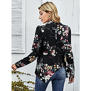 Milumia Women's Floral Print Waterfall Collar Blazer Asymmetrical Hem Suit Outerwear Black X-Large