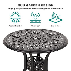 Nuu Garden 30 Inch Patio Dining Table, Cast Aluminum Round Outdoor Table with Umbrella Hole for Patio, Backyard, Deck-Black