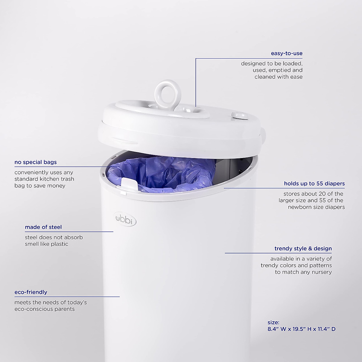 Ubbi Steel Diaper Pail, Odor Locking, No Special Bag Required, Award-Winning, Registry Must-Have, Slate