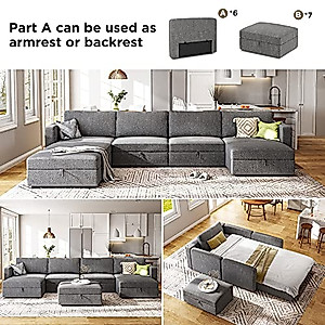 HONBAY 149'' Modular Sectional Sofa U Shaped Modular Couch with Storage Seats 7 Pieces Modular Sofa Deep Seat Modular Sectional Couch with Wide Chaise, Light Grey