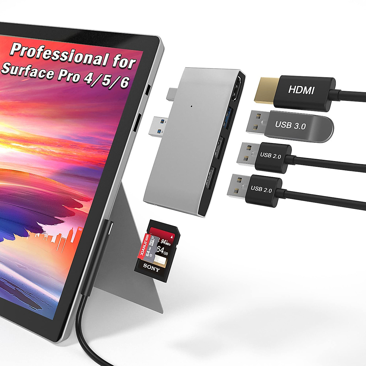 Surface Pro 4/Pro 5/Pro 6 Hub Docking Station with 4K HDMI Port, USB 3.0 Port, 2 USB 2.0 Ports, SD & TF/Micro SD Memory Card Reader, Converter Accessories for Microsoft Surface Pro 6/5/4