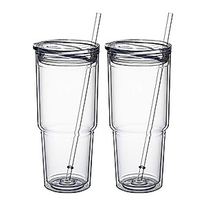 MEWAY 30oz/2 pcs Classic Insulated Tumblers,Double Wall Acrylic Tumbler with Lid，Reusable Plastic Insulated Tumblers with Straw，for cold drinks, sand ice, whatever you like(transparent,2 pack)