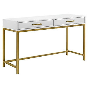 24KF Modern Century Home Office Desk with Lacquer Finish Golden Metal Base,Console Table with 2 Drawers - 80612-White