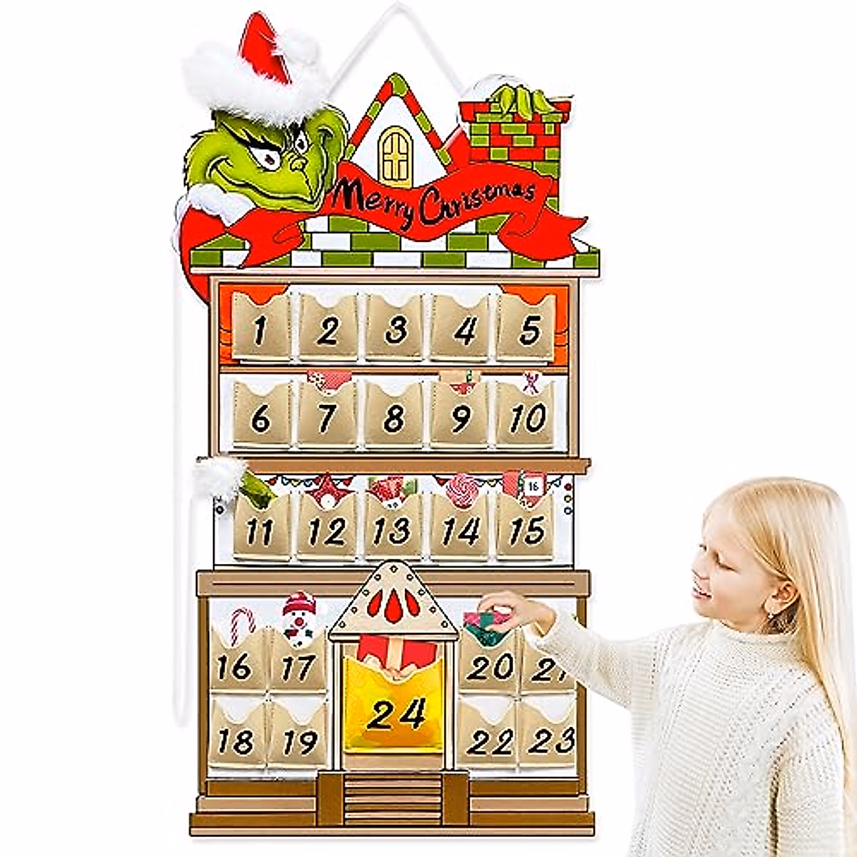 KOUPA Hanging Christmas Countdown Advent Calendar, Santa Grinch Green Haired Monster Decoration, Reusable Xmas Gift for Holiday Party Winter