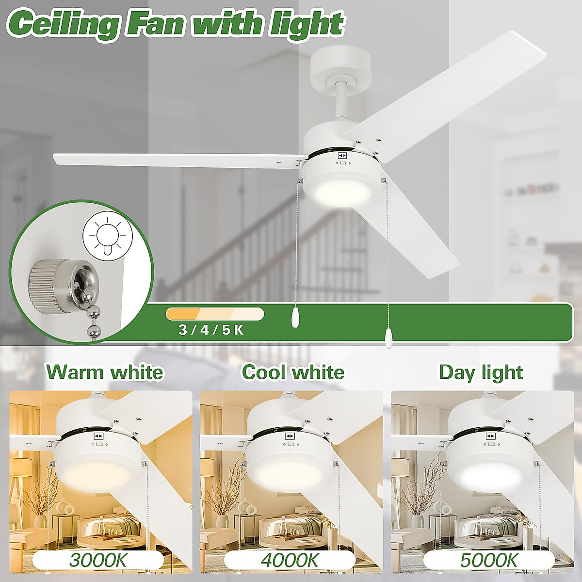 hykolity 52 inch Ceiling Fan with LED Lights(3000K/4000K/5000K), Pull Chain, Noiseless Reversible Motor and Blades, 3 Speed, ETL Listed, for Patio Living Room, Bedroom, Office - White