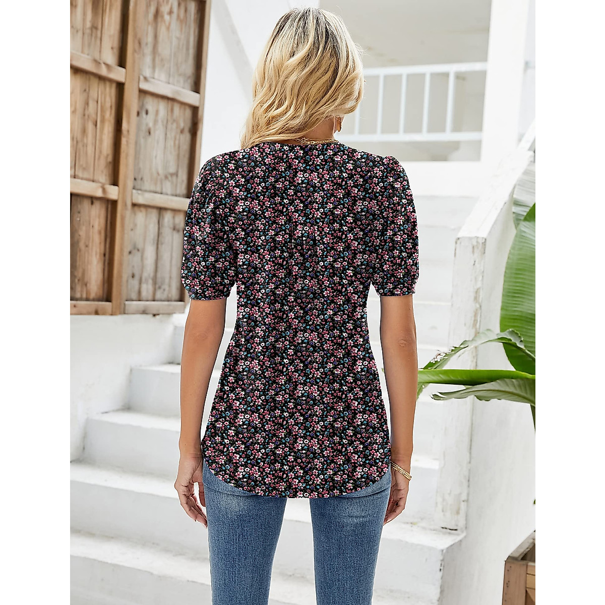 Micoson Womens Summer Pleated Blouses Loose V Neck Puff Short Sleeve Tunic Top for Leggings Floral Black Red L