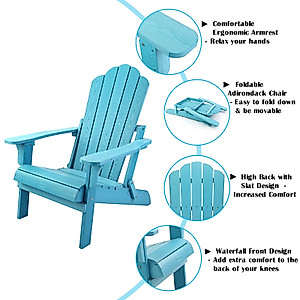 Folding Adirondack Chairs Set of 2, Outdoor Patio Weather Resistant Chair, Imitation Wood Stripes, Easy to Fold Move & Maintain, Plastic Chair for Backyard Deck, Garden & Lawn Porch - Lake Blue