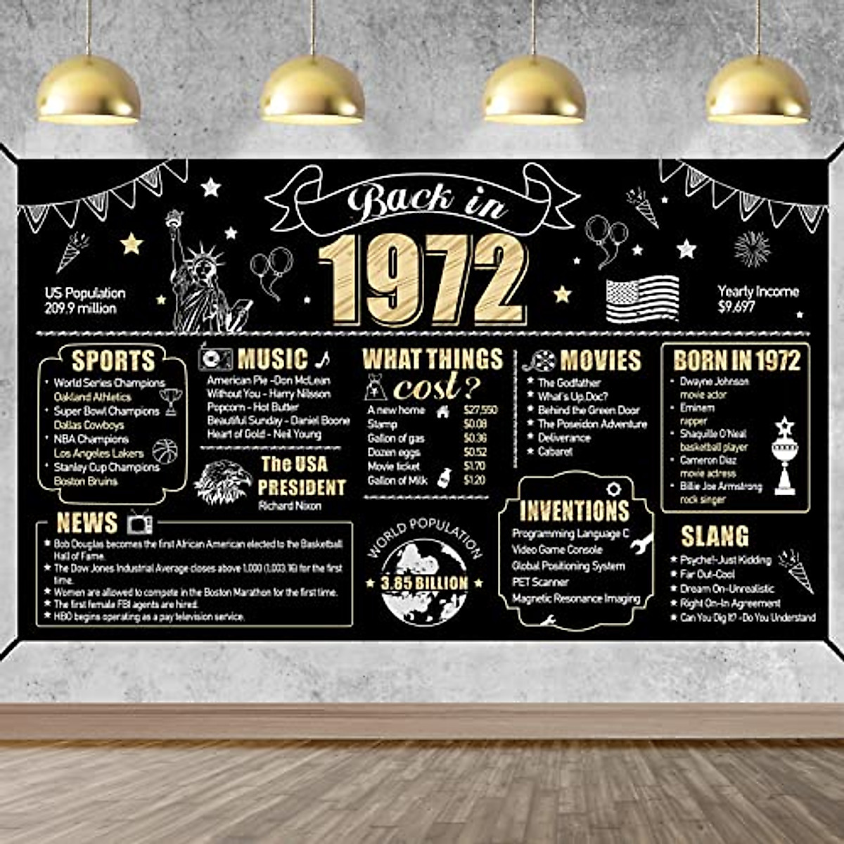 Large 51st Birthday Banner Backdrop Decorations for Men Women, Black Gold Back in 1972 51 Birthday Sign Party Supplies, Happy Fifty-one Birthday Background Decor for Outdoor Indoor