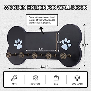 Nekon Dog Leash Holder for Wall - Wooden Key Holder Wall Mount for Entryway Organization - Pets Accessories Storage with Chalkboard and Dog Paw-Shaped Hooks (Black)