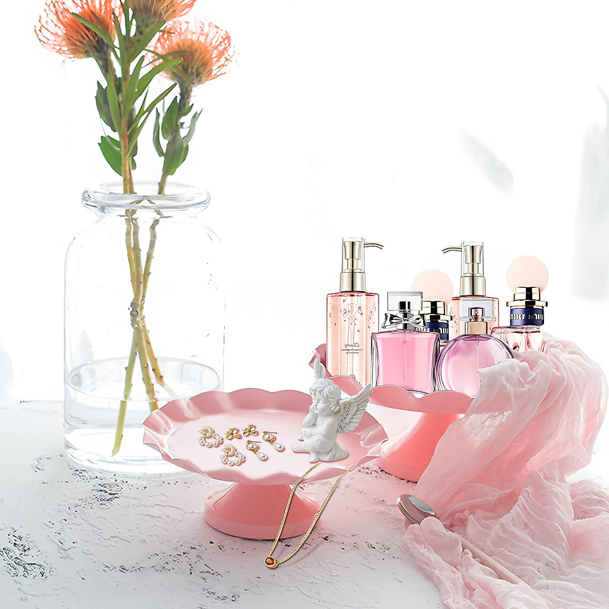 ATRDTO Set of 3 Pcs Wave Rim Cake Stands Iron Cake Holder Dessert Display Plate Serving Tray for Baby Shower Wedding Birthday Party (Pink)