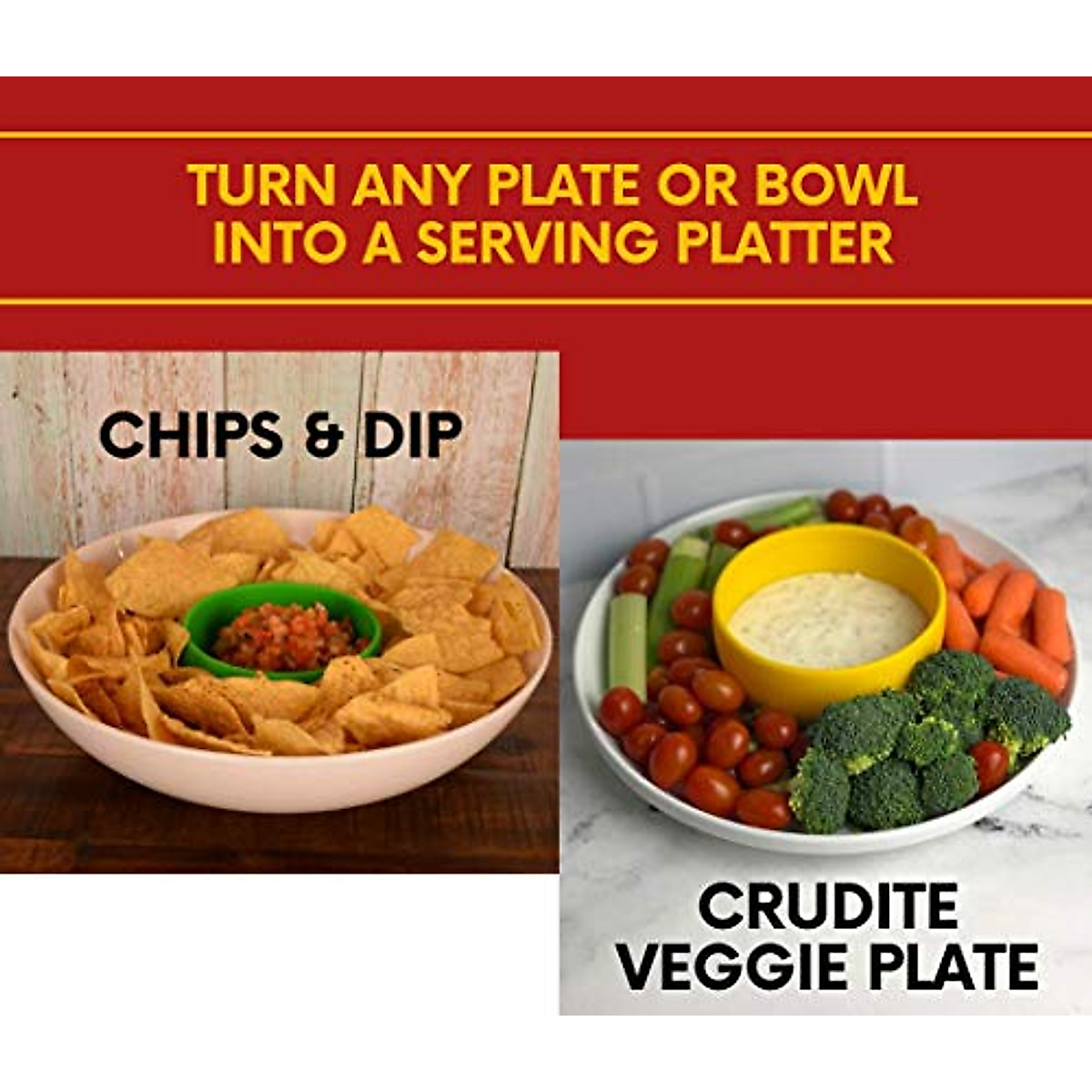 Chip and Dip Serving Set - Stick & Dip Salsa Serving Bowls Set of 3 with Fiesta Colors for Taco Party Dipping Sauce Bowls w/ Lids - Unbreakable Silicone with Suction Bottom for Guacamole or Queso