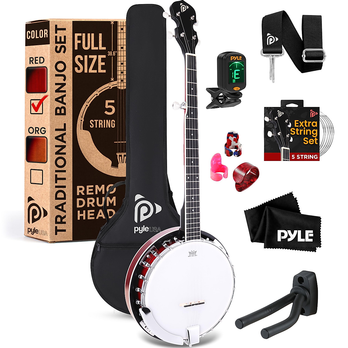 Pyle Banjo Kit with Remo Head and Sapele Resonator, 39" Full Size Traditional Open or Closed Back 5 String Instrument with 24 Brackets, Geared 5th Tuner, Premium Accessory Kit (Red Burst)