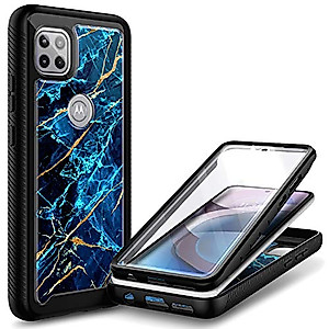 NZND Case for Motorola Moto One 5G Ace (One 5G UW Ace) with [Built-in Screen Protector], Full-Body Protective Shockproof Rugged Bumper Cover, Impact Resist Durable Phone Case (Marble Design Sapphire)