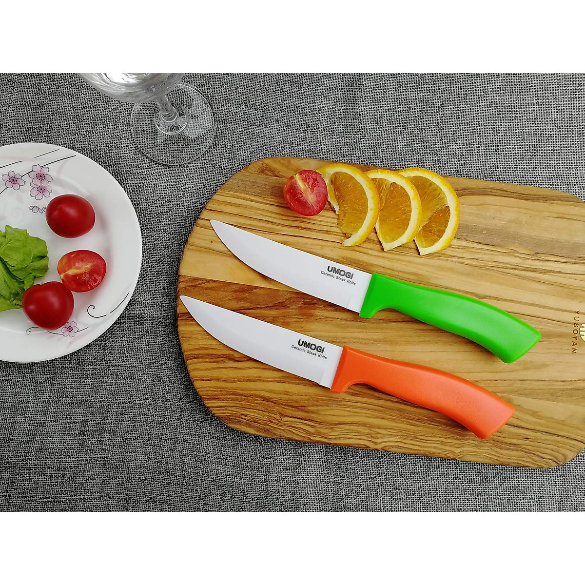 UMOGI Ceramic Steak Knives Set of 4 with Covers in Gift Box - Utility Knife Large Size - Healthy Stain Resistant & Rust Proof - Dishwasher Safe - Best for Meat Tomatoes Vegetables Fruits BBQ