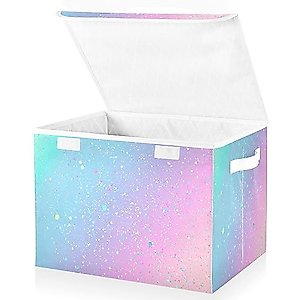 Large Collapsible Storage Bins with Lids, Unicorn Background with Rainbow Storage Baskets Organizer Containers with Handles for Nursery Clothes Toys
